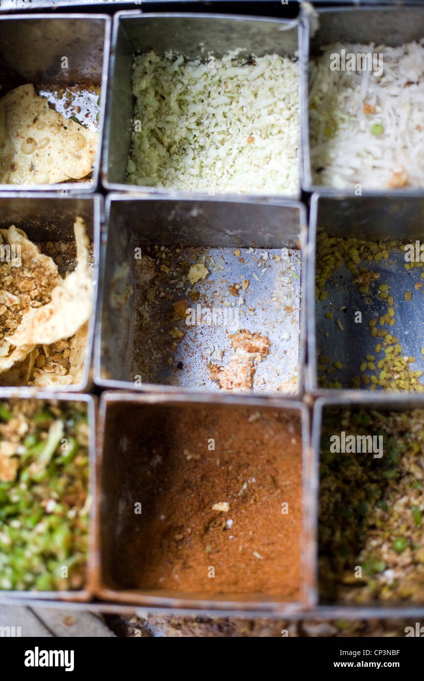Spice pots at the Parawthe Wala restaurant in Old Delhi, India Stock ...
