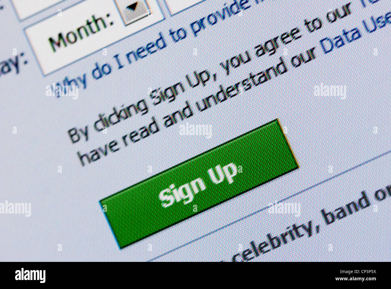 Close up of the Facbook Page sign up page requesting personal ...