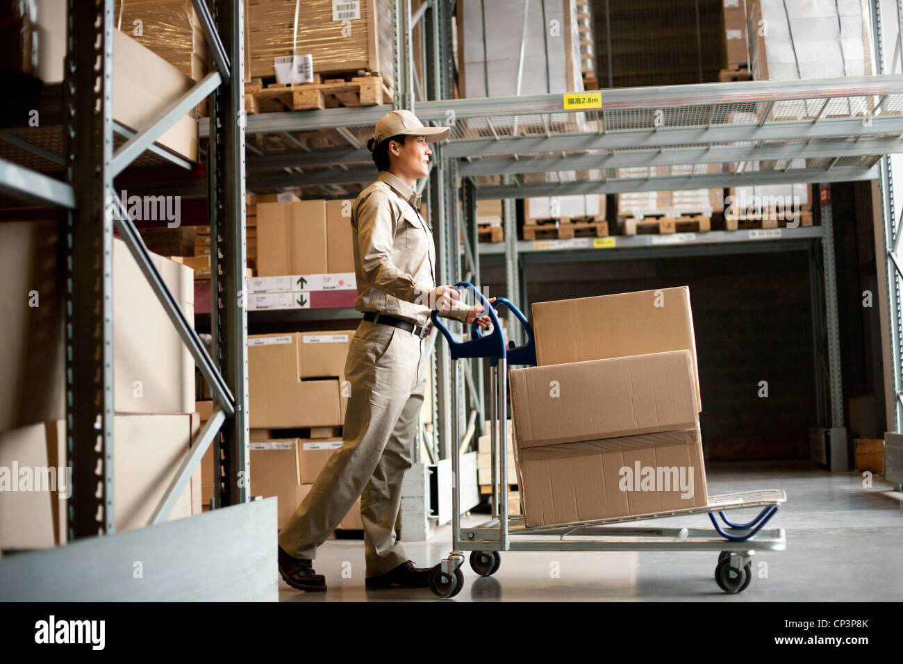 Male Chinese warehouse worker pushing boxes Stock Photo - Alamy