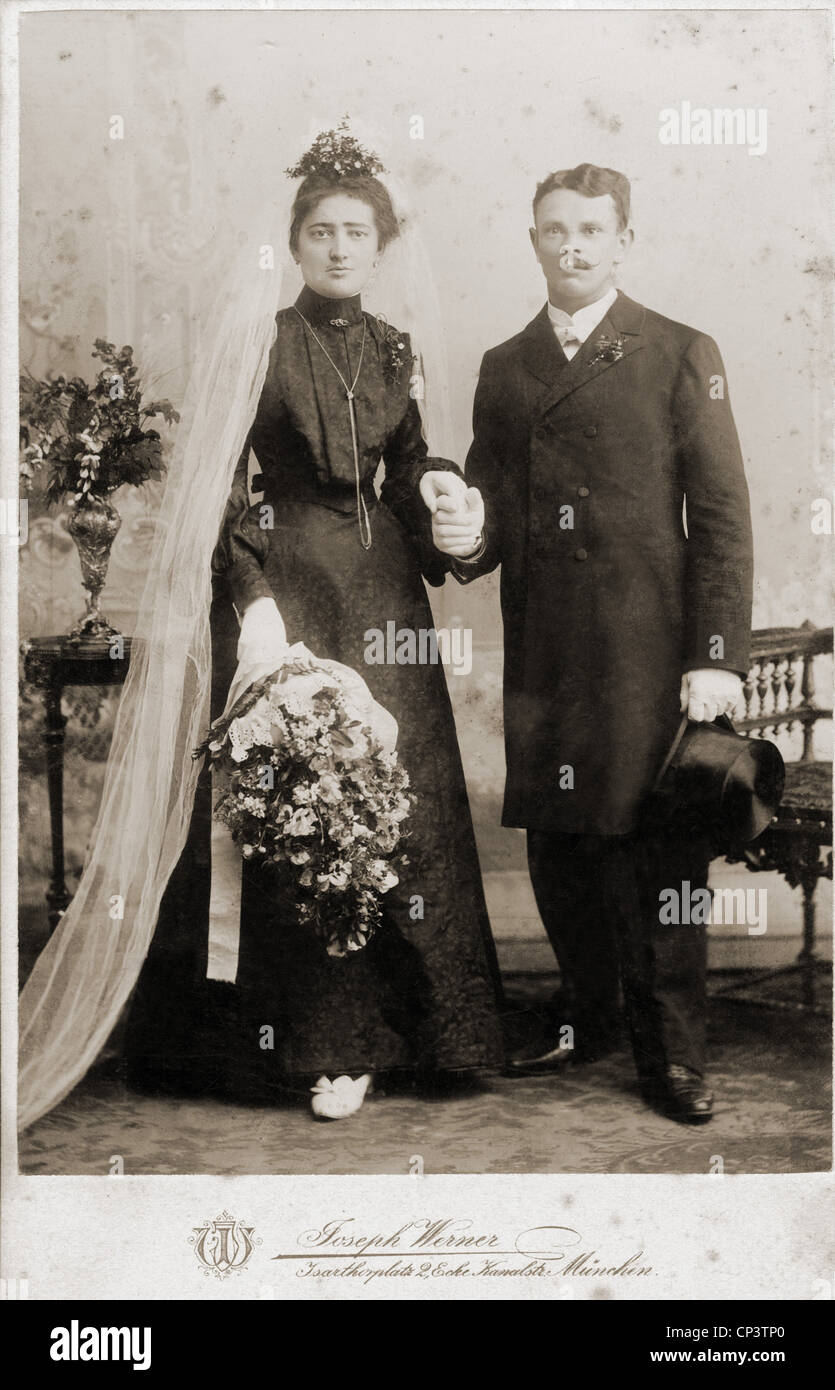 people, marriage, bridal couple, cabinet card, Joseph Werner, Munich ...