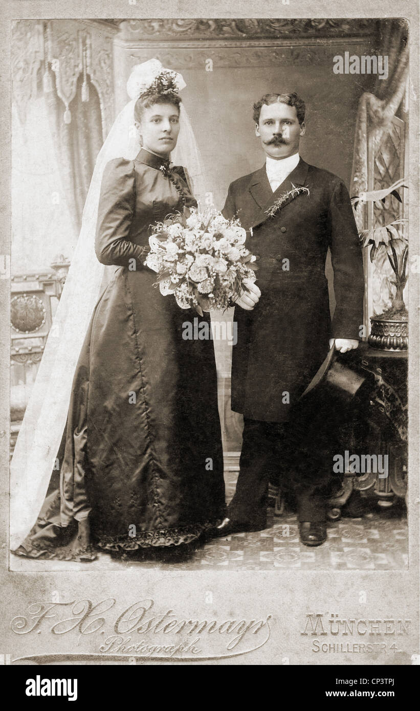 people, marriage, bridal couple, cabinet card, F. X. Ostermayr, Munich ...