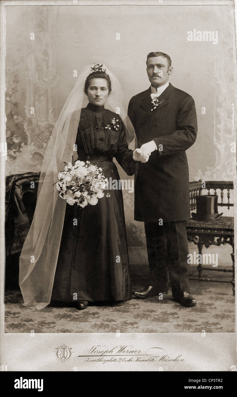 people, marriage, bridal couple, cabinet card, Joseph Werner, Munich ...