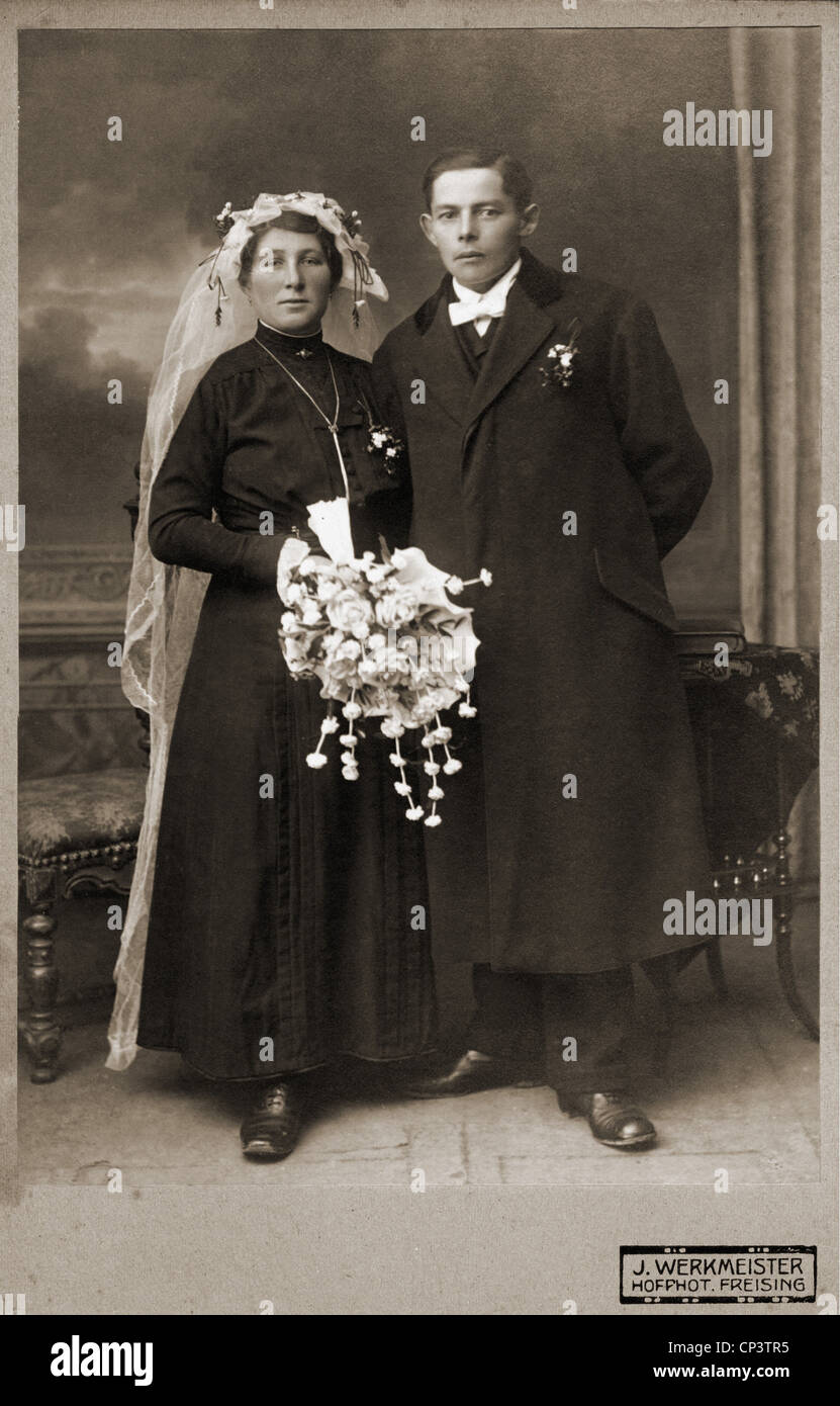 people, marriage, bridal couple, cabinet card, J. Werkmeister, Freising ...