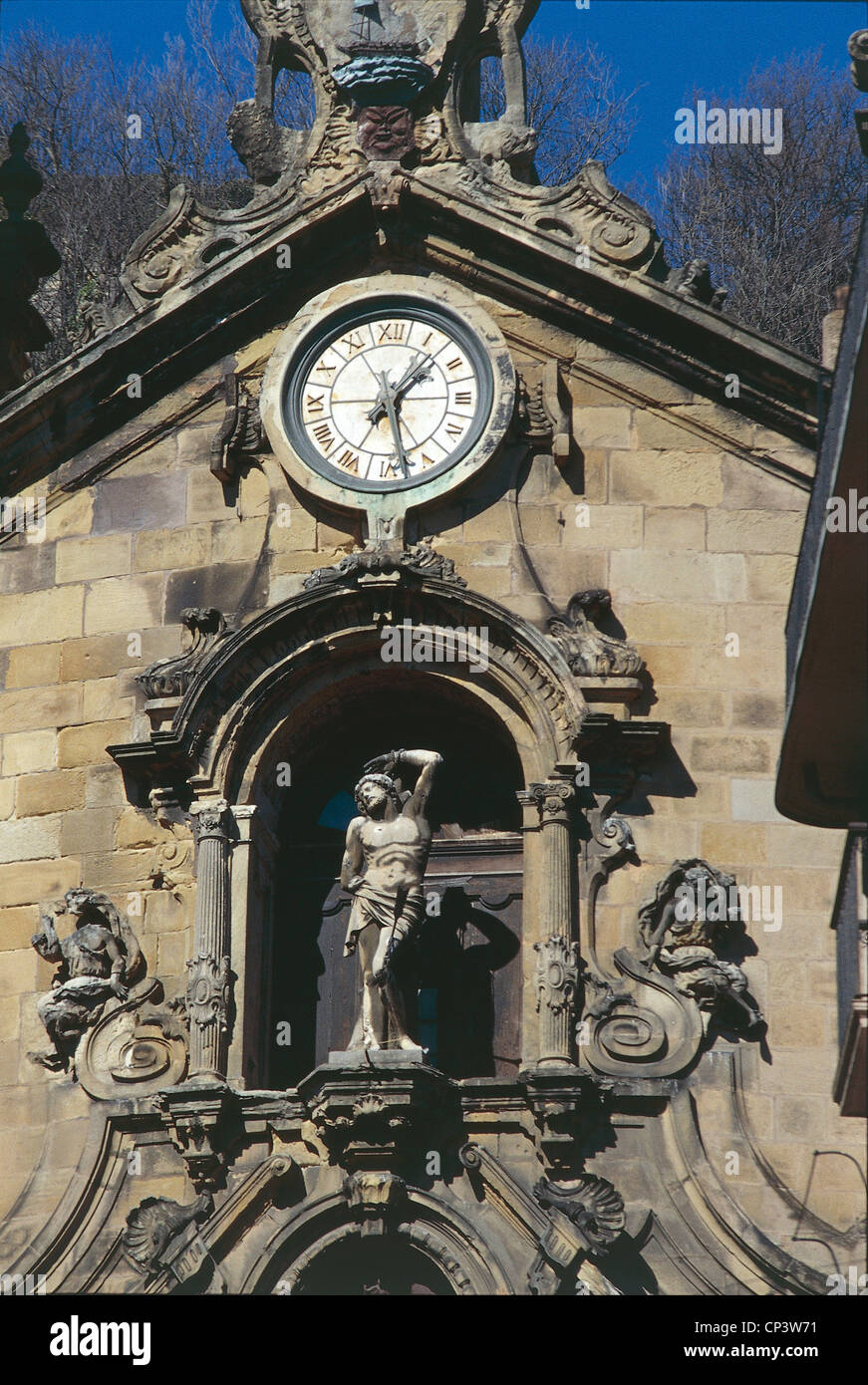 Spain Basque Country San Sebastian. statue of St. Sebastian, symbol of ...