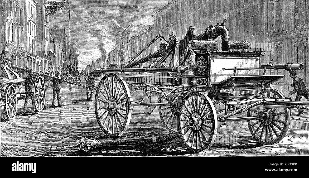 fire, fire service, new American fire hose, wood engraving, Germany ...