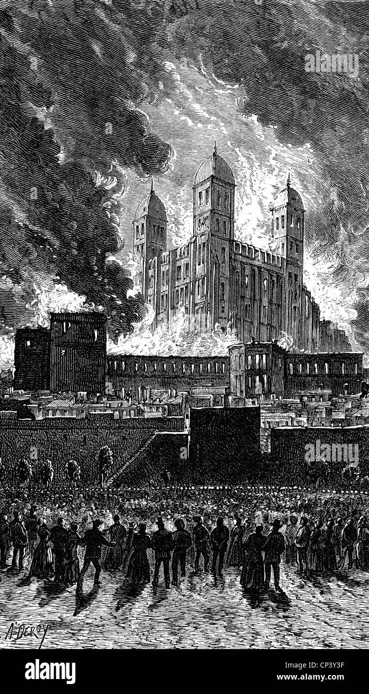 fire, fires, fire of the Tower of London, 1841, wood engraving after ...