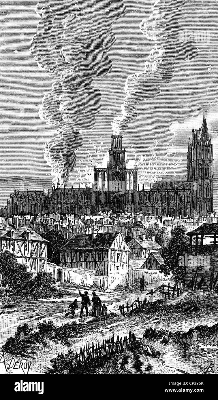 fire, fires, fire of the Notre-Dame de Rouen Cathedral, France, 1822 ...