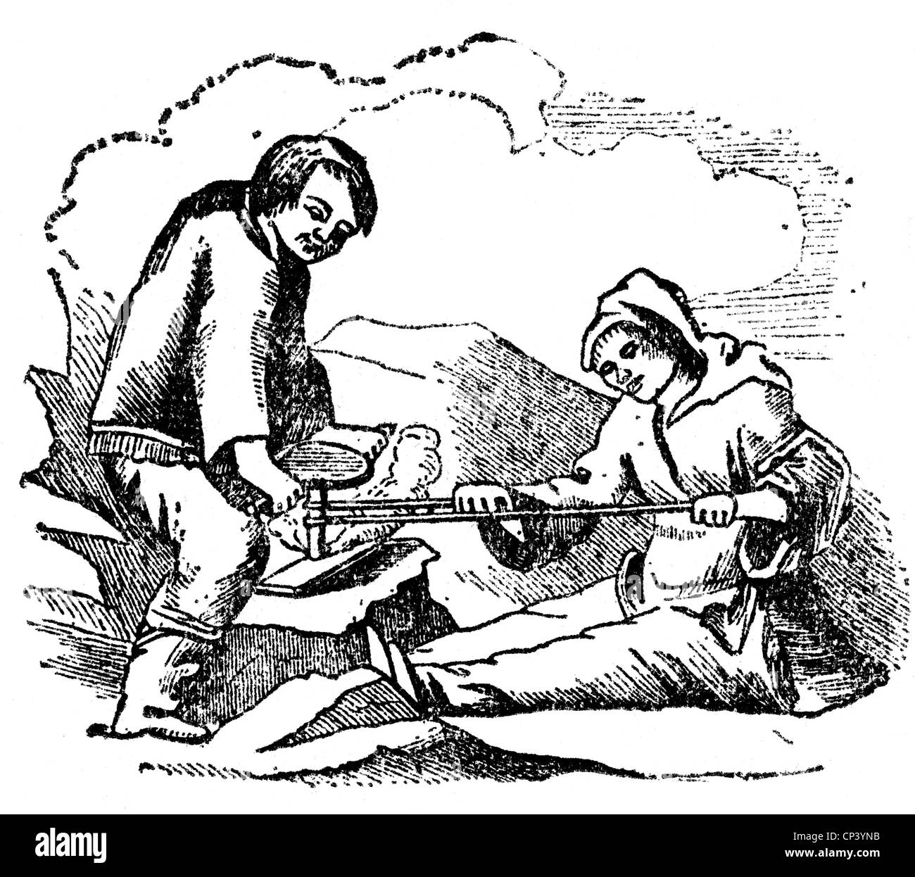 fire, making fire, using a fire-drill to inflame, wood engraving, 19th ...