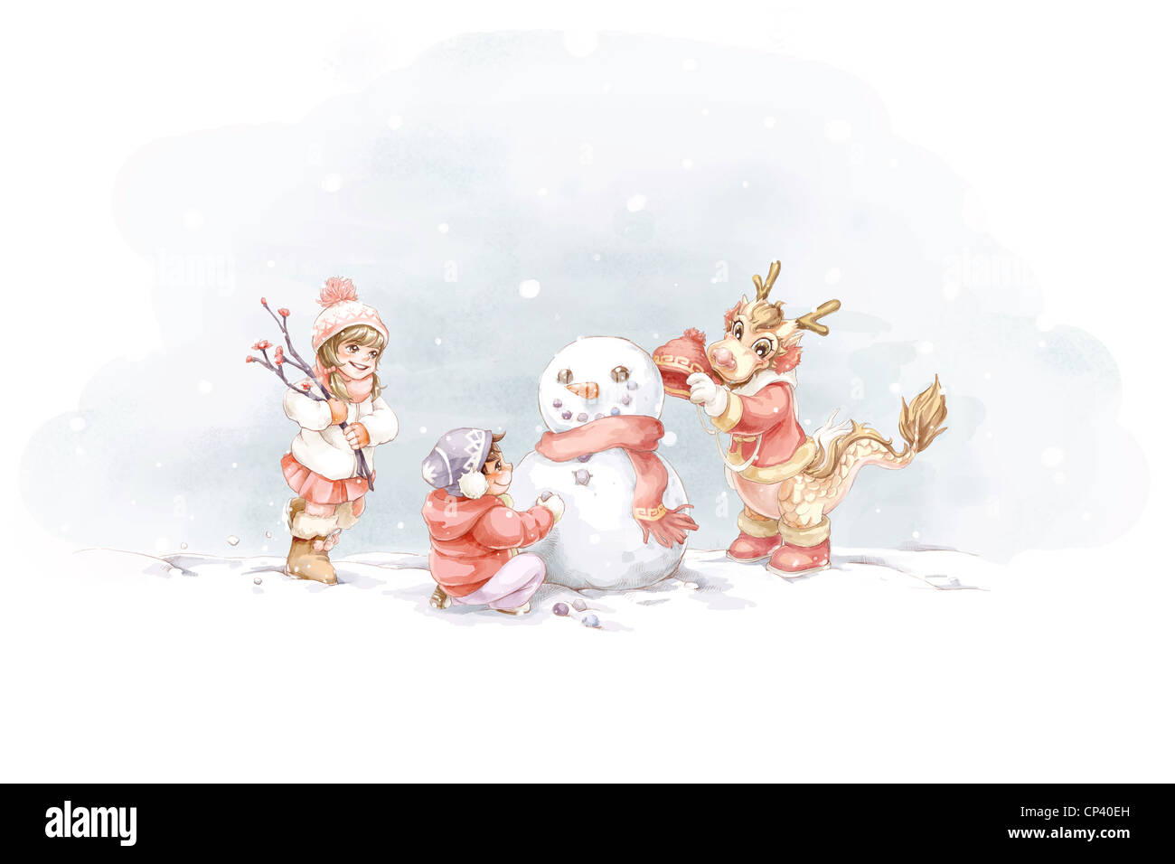 Children building a snowman with a dragon Stock Photo - Alamy