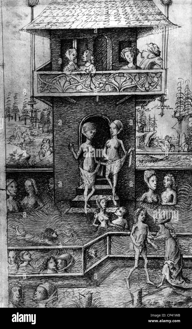 bathing, women's bath, pen drawing, 15th century, bathhouse, people ...