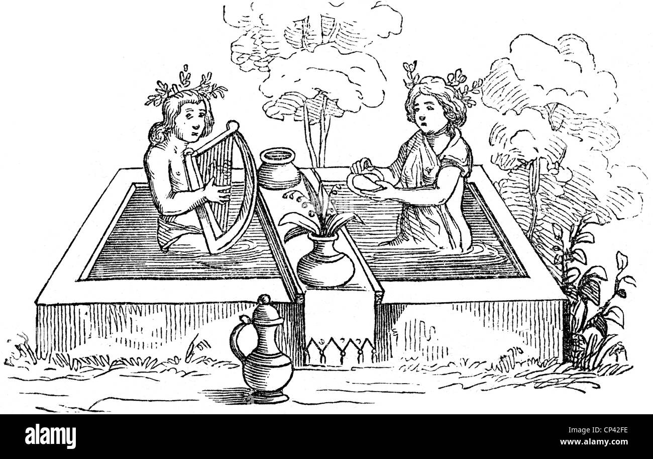 bathing, party in the middle ages, wood engraving, 19th century ...