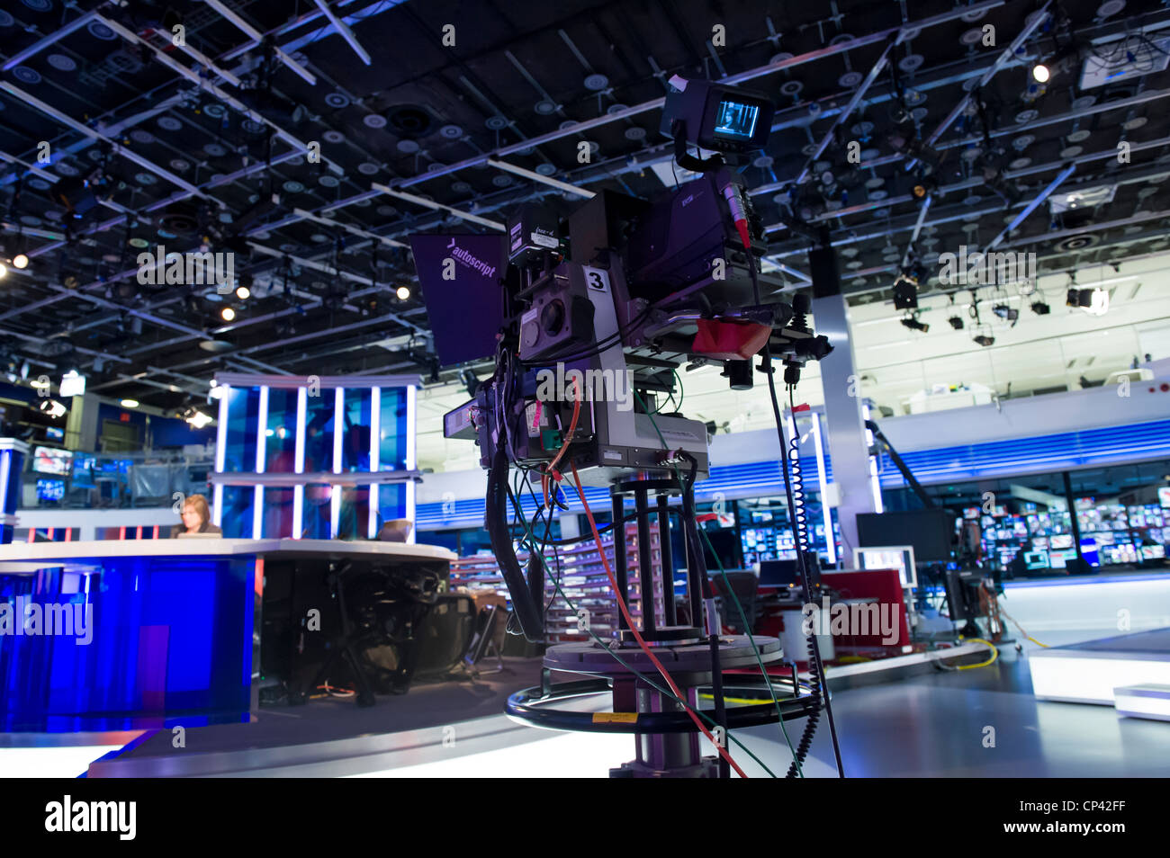 Sky News studio. Presenter in far distance, camera in foreground Stock ...