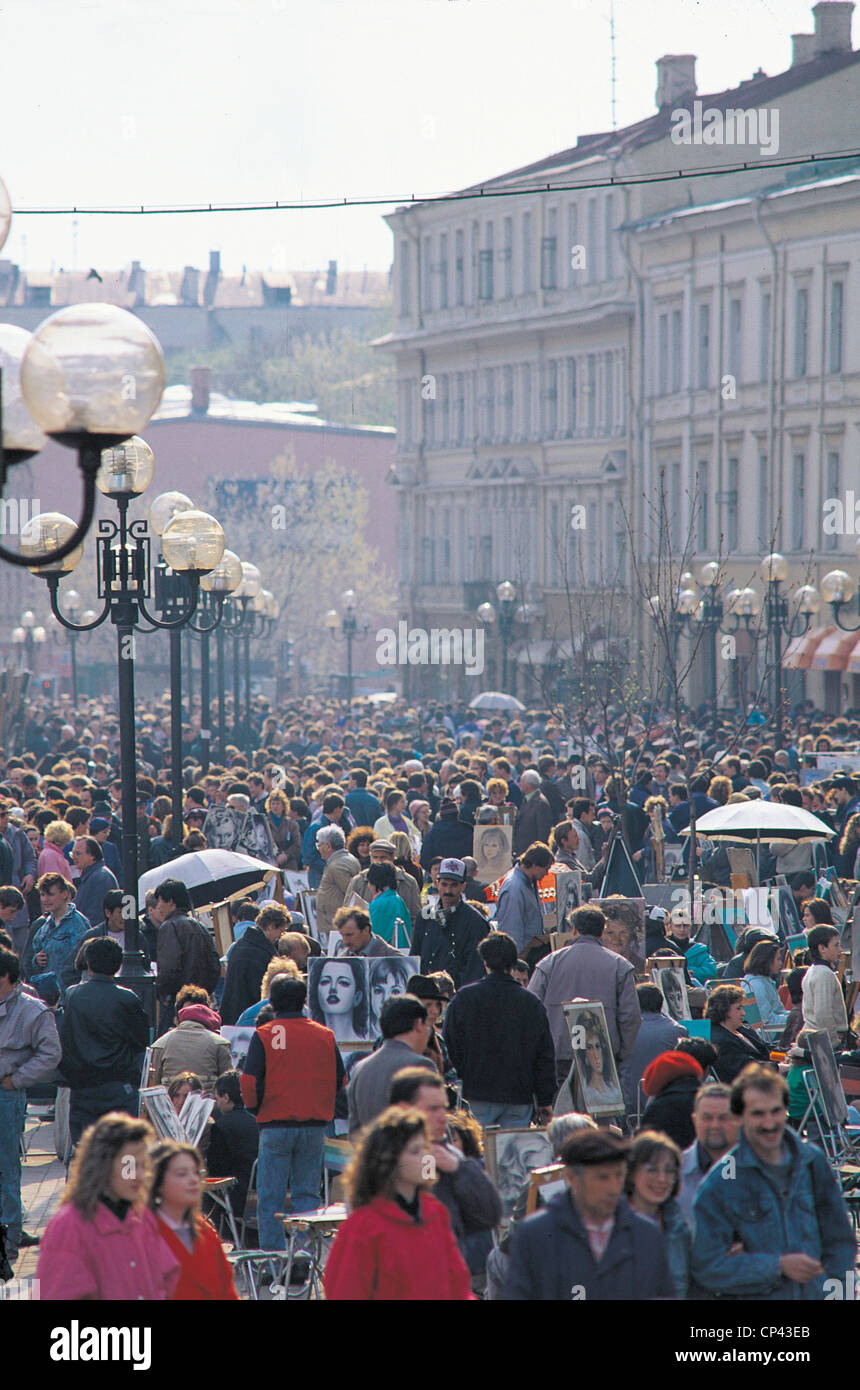 Russia XX century. Nineties, Moscow. The Arbat street crowded Stock ...