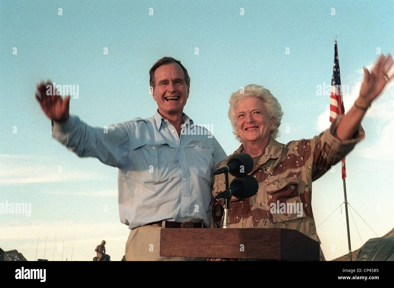 President George Bush and Barbara Bush wave to US troops based in Saudi ...
