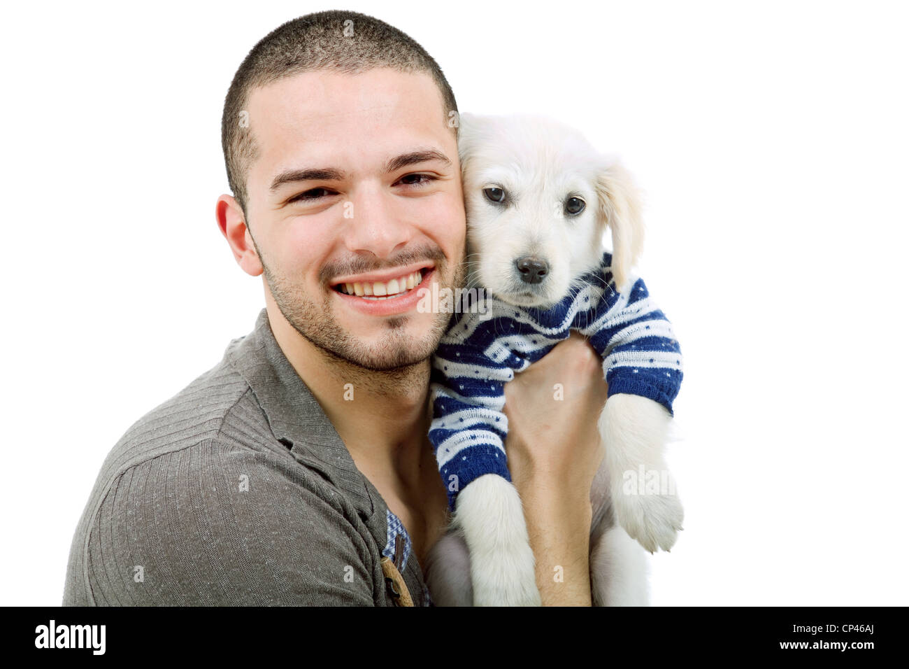 young casual man full body with a small dog Stock Photo - Alamy