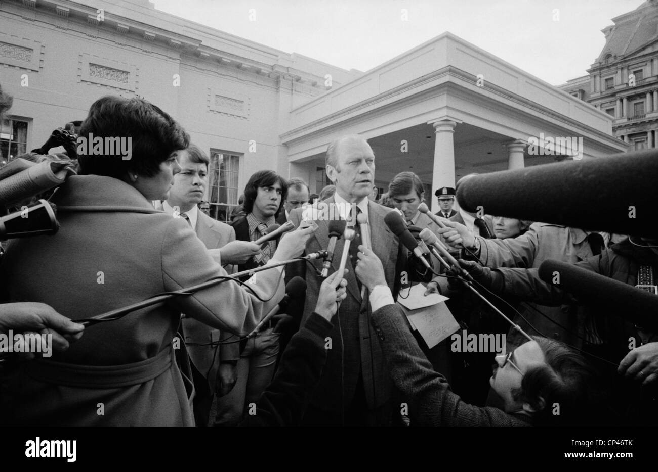 President Gerald Ford speaking to members of the press outside the ...