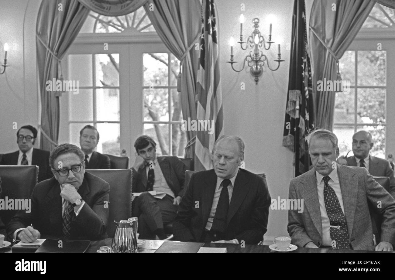 President Ford flanked by Sec. of State Henry Kissinger left and Sec ...
