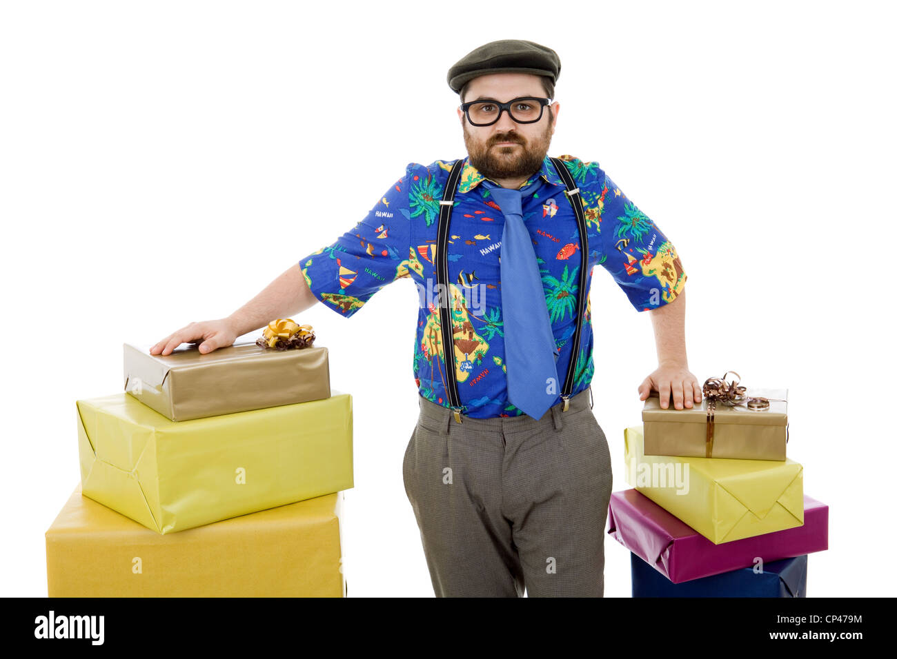 happy silly salesman with some boxes, isolated on white Stock Photo - Alamy