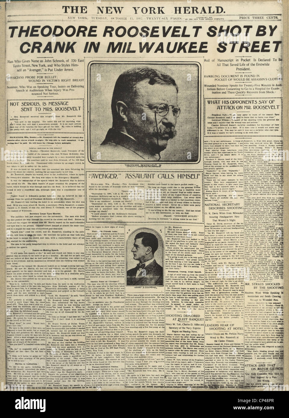 Headline reporting the shooting of Theodore Roosevelt. The New York ...
