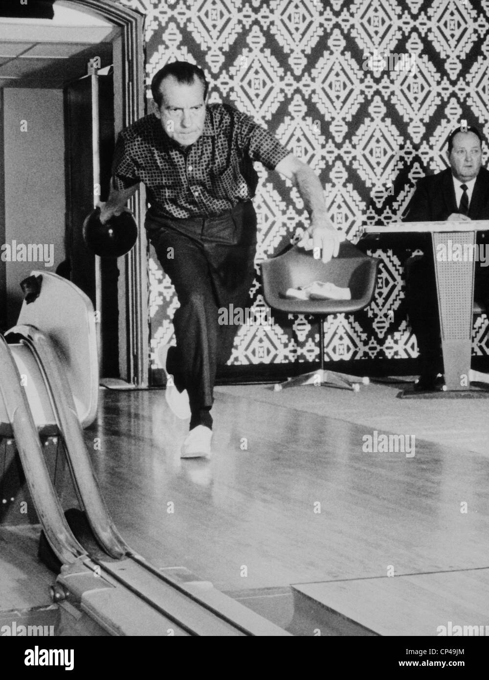 Richard Nixon bowling at the White House bowling alley. 1970 Stock ...