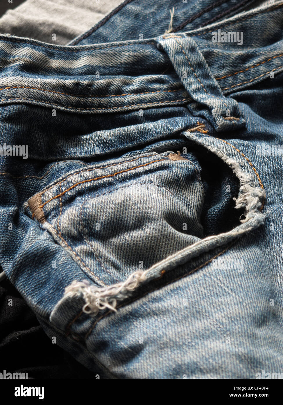 close up detail of blue denim jeans trousers pants Stock Photo - Alamy