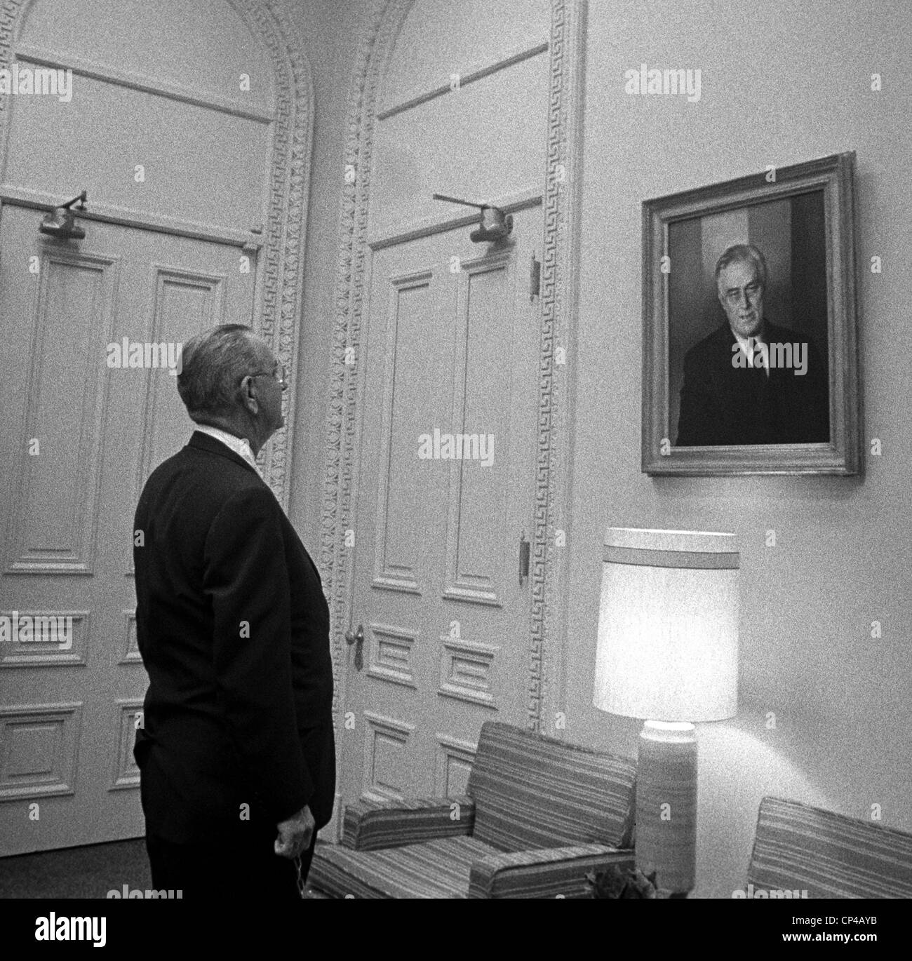 President Lyndon Johnson looking at portrait of President Franklin ...