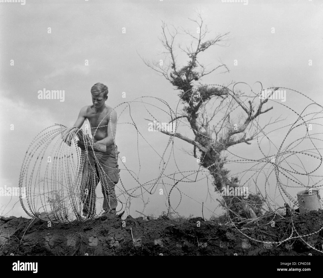 Vietnam War. A US Army infantryman takes down barbed tape surrounding ...