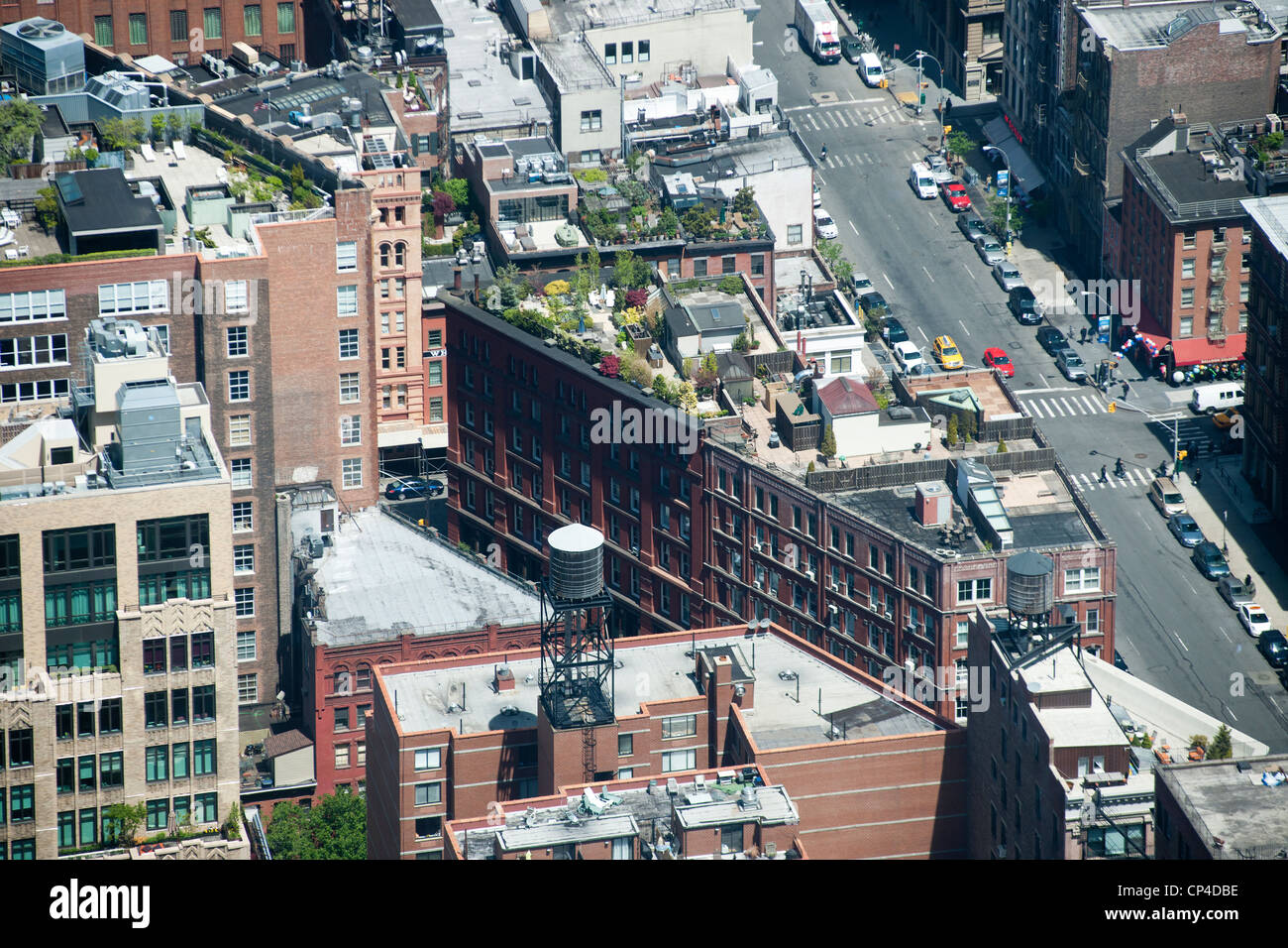 View of the New York neighborhood of Tribeca, showing roof gardens ...