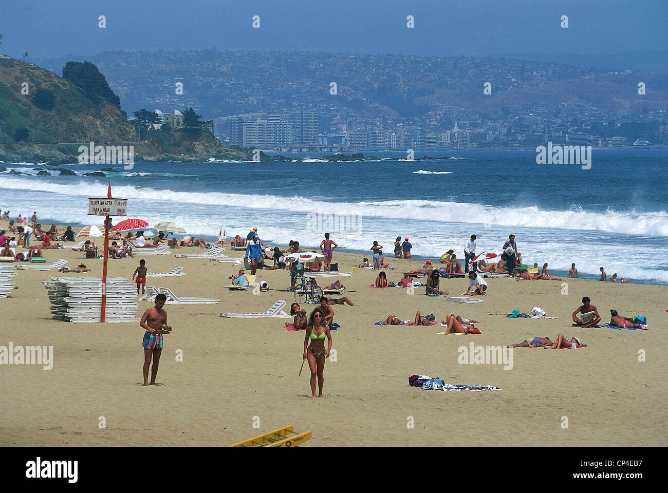 Chile - Region of Valparaiso - Vina del Mar Beach Renaca, swimmers ...