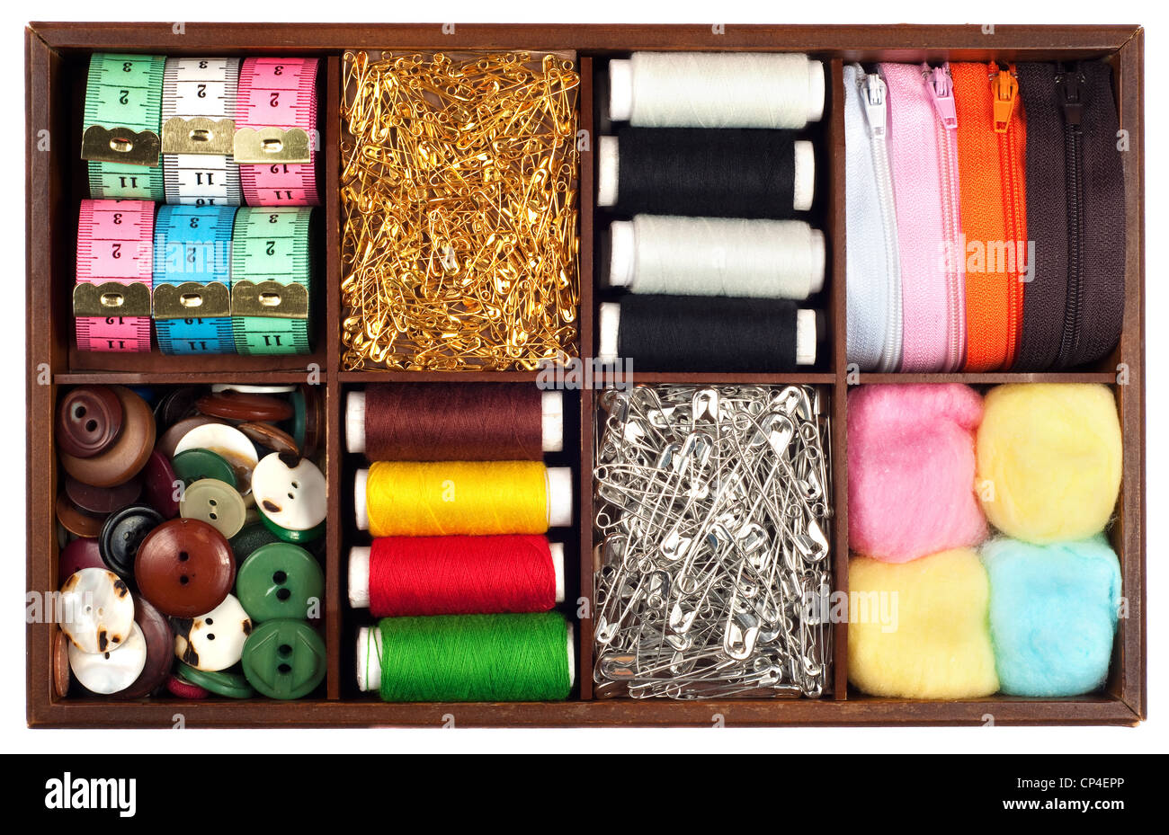 Assortment of different tailoring materials (tape-measure,safety pins ...