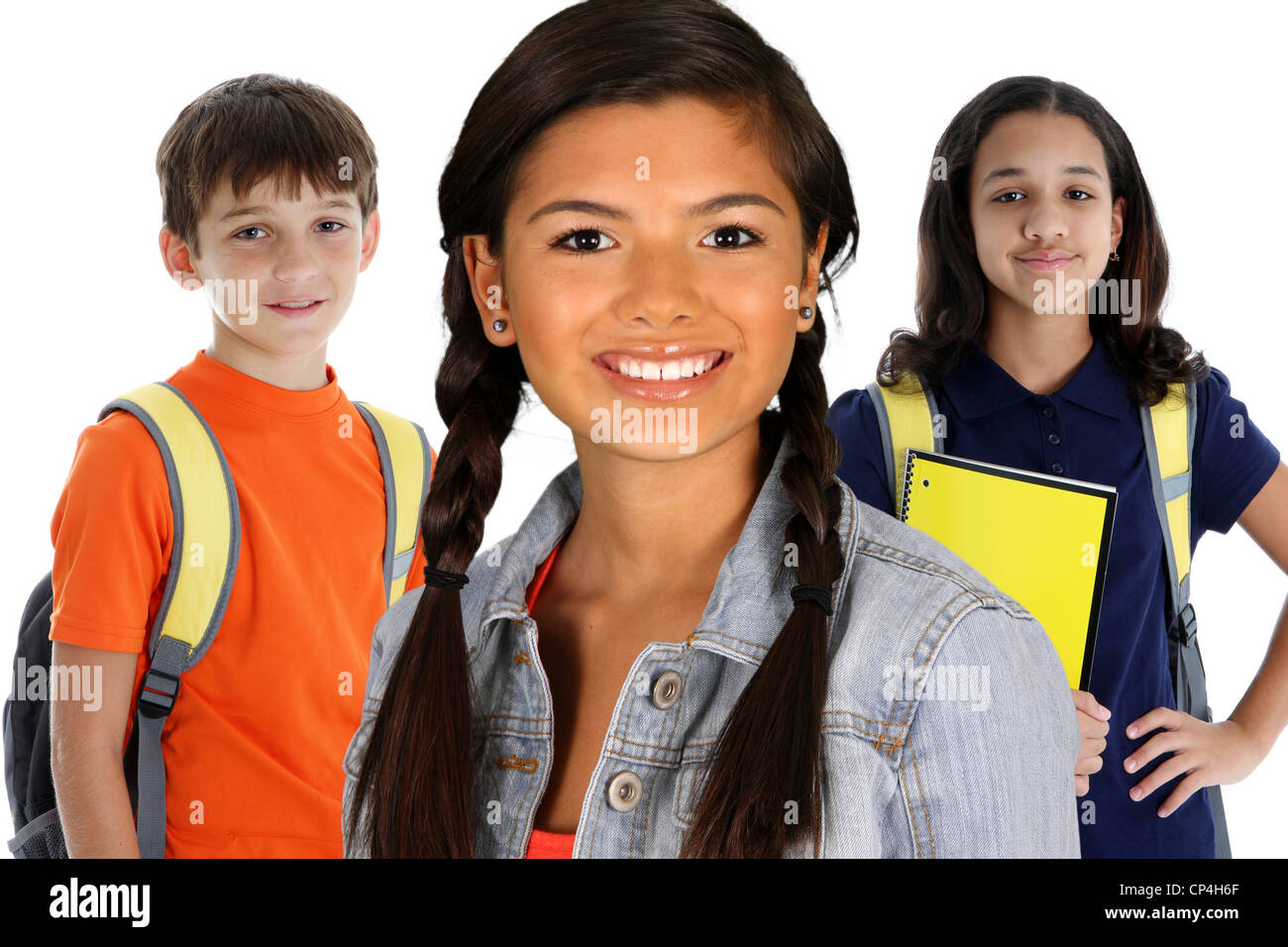 Student children in colorful shirts against a white background Stock ...