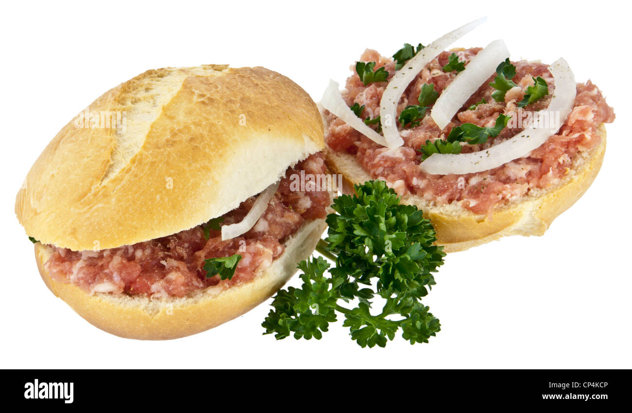 Rolls with minced pork (In German called Mettbrötchen) isolated on ...