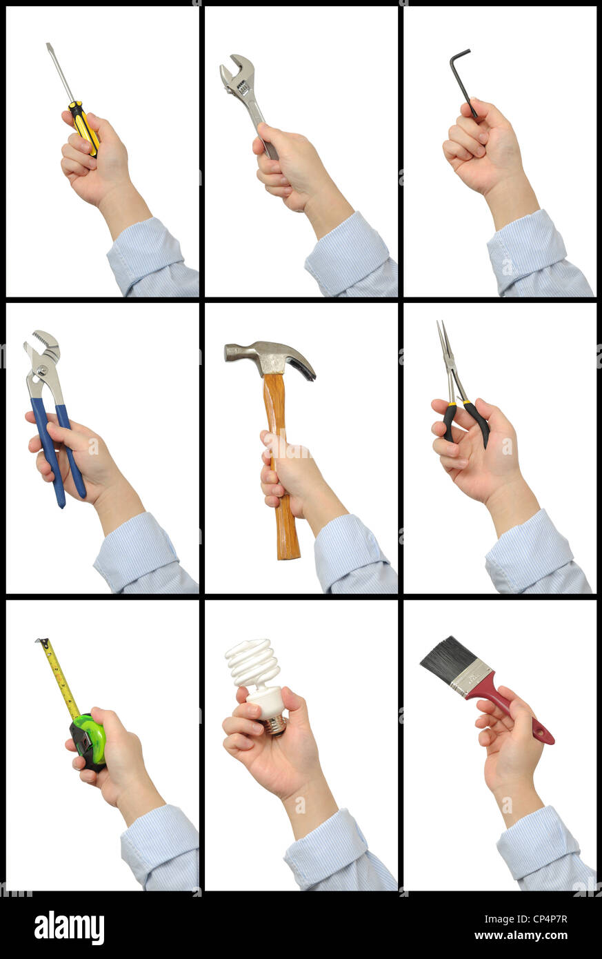Set of hands with tools isolated on white background Stock Photo - Alamy