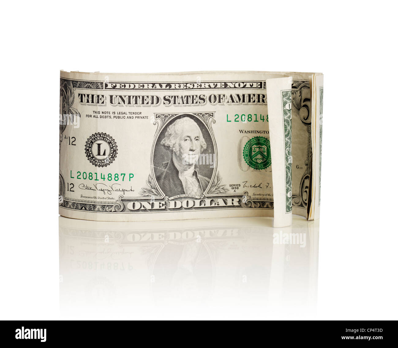 Old curly US dollar bills isolated on white with natural reflection ...