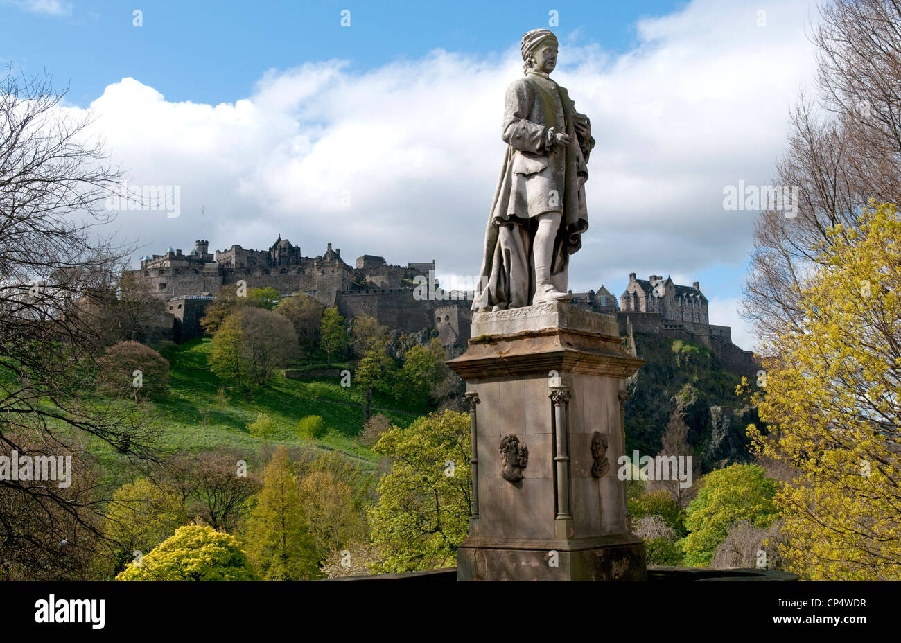 Statue of Scottish poet Allan Ramsay on Princes street with Edinburgh ...