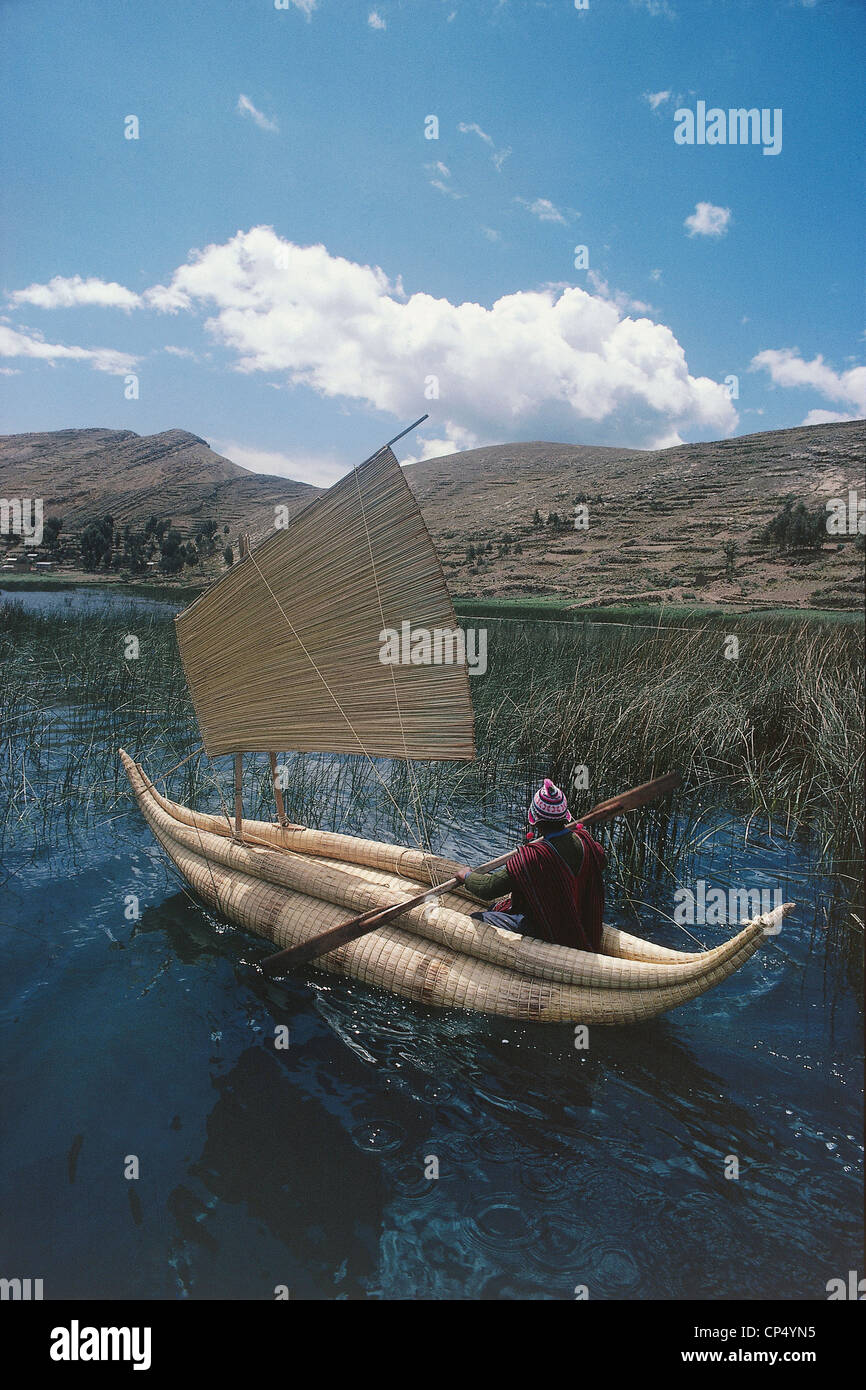 Bolivia - Lake Titicaca - Island Suriqui. Balsa wood boat Stock Photo ...
