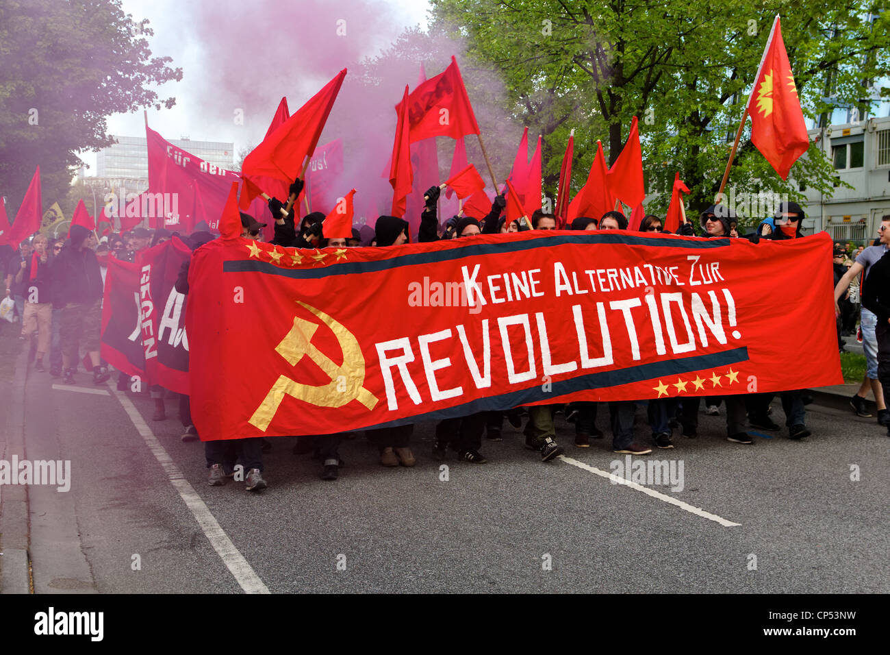 Protesters ignite fireworks at the May Day demonstration in Hamburg ...