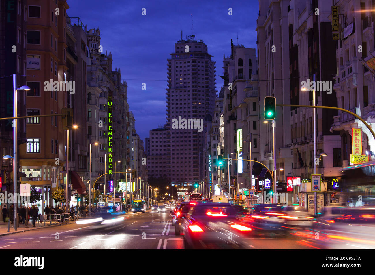 Spain, Madrid, Centro Area, Gran Via looking towards the Torre de ...