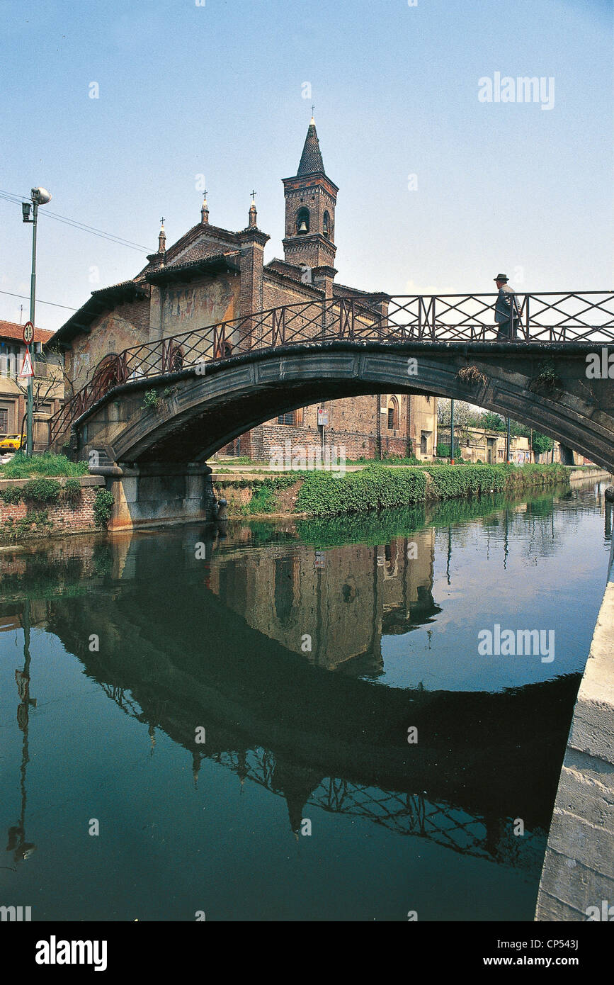 LOMBARDY LONDON BRIDGE OVER Navigli in Via Ludovico il Moro, and church ...