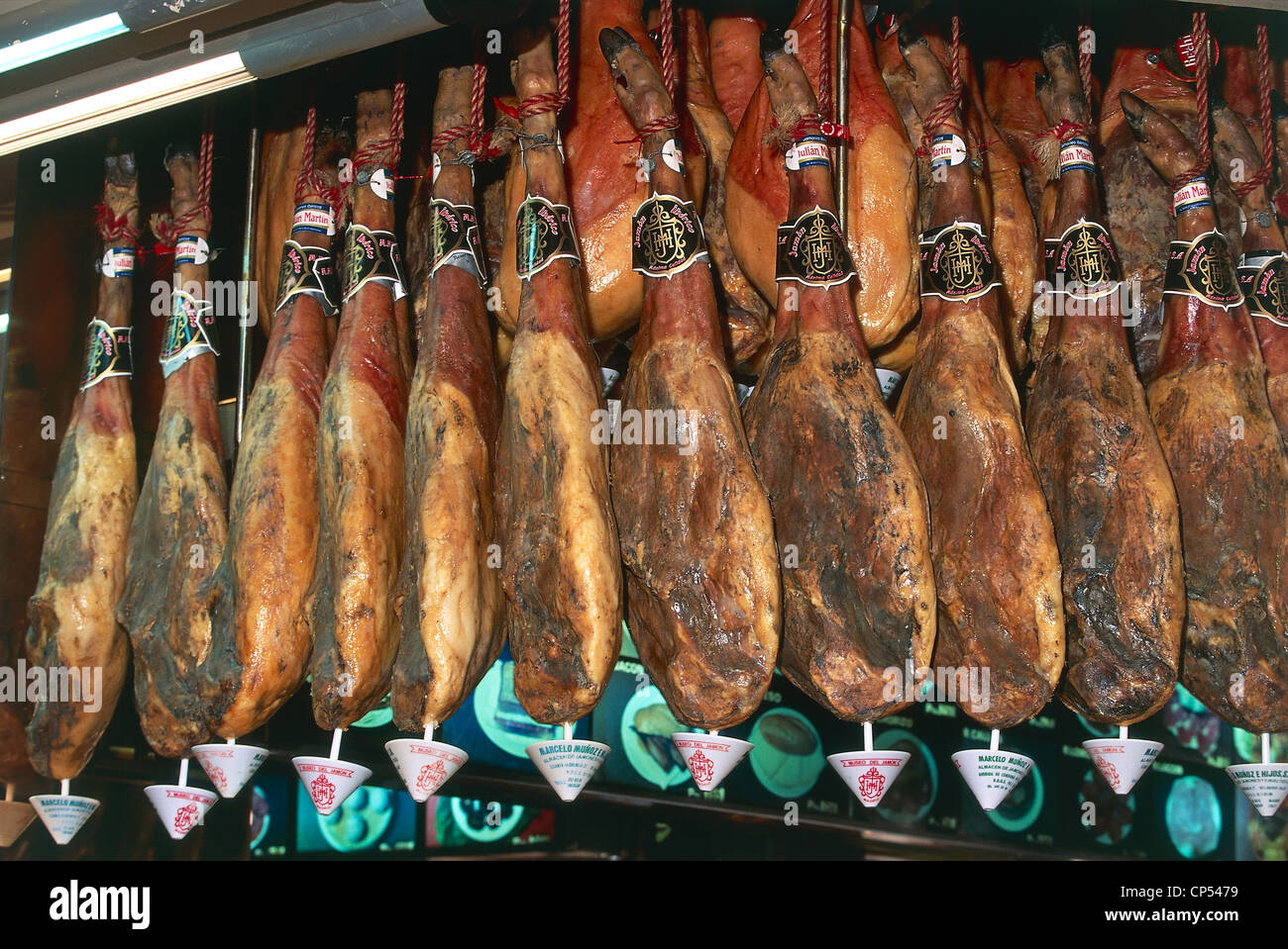 Spain - Madrid. Museo del Jamon restaurant and cafeteria. Detail: hams ...