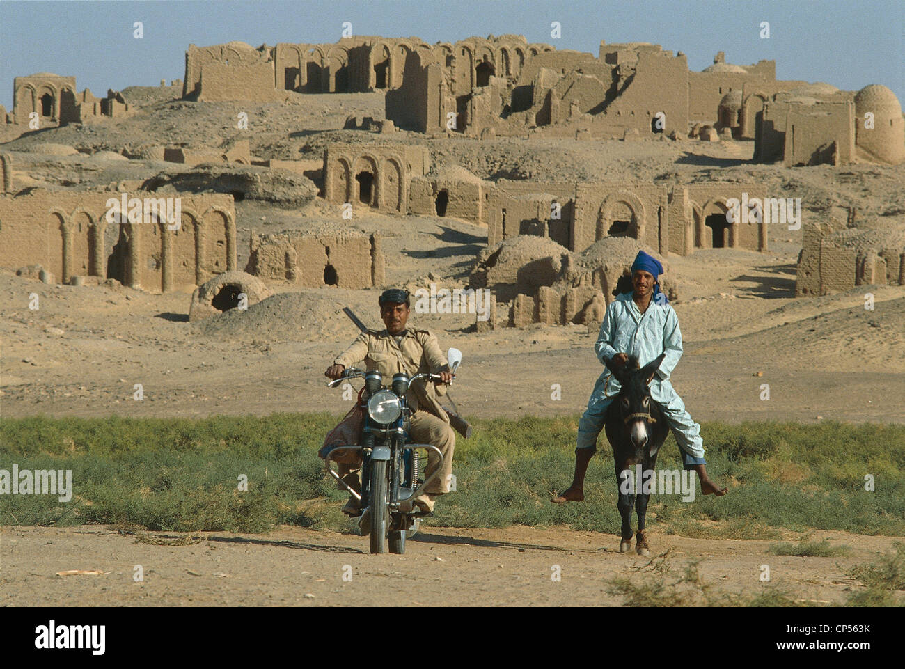 Egypt Sahara Desert Near oasis of Kharga. Armed guard man on mule. In ...