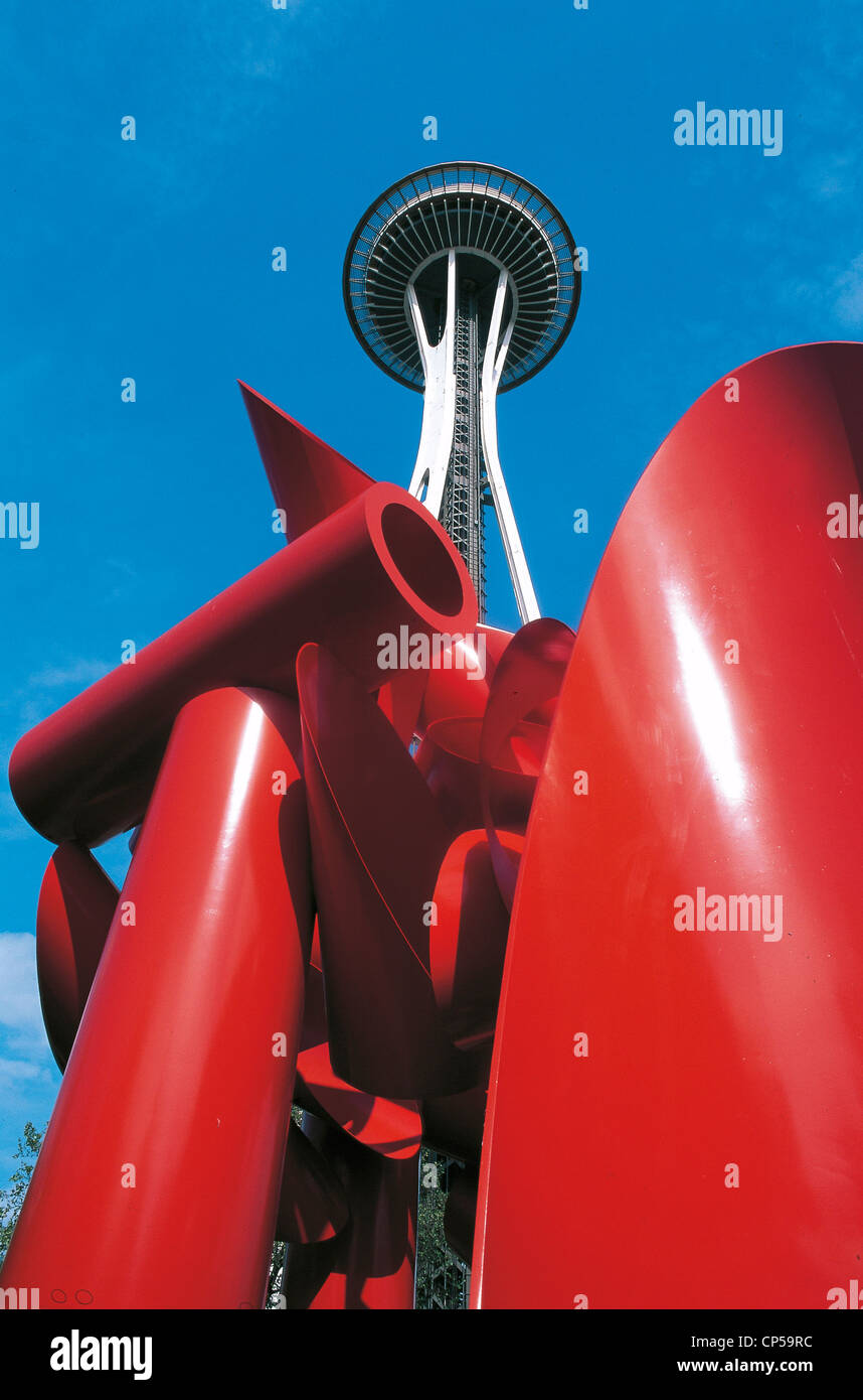 United States Washington Seattle Space Needle And Sculpture Stock Photo ...