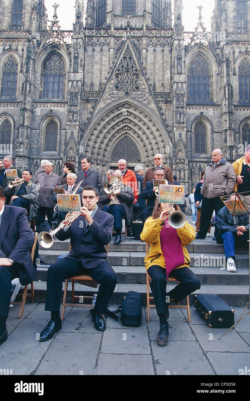 Spain Catalonia Barcelona. Group of musicians called "cobla" that ...