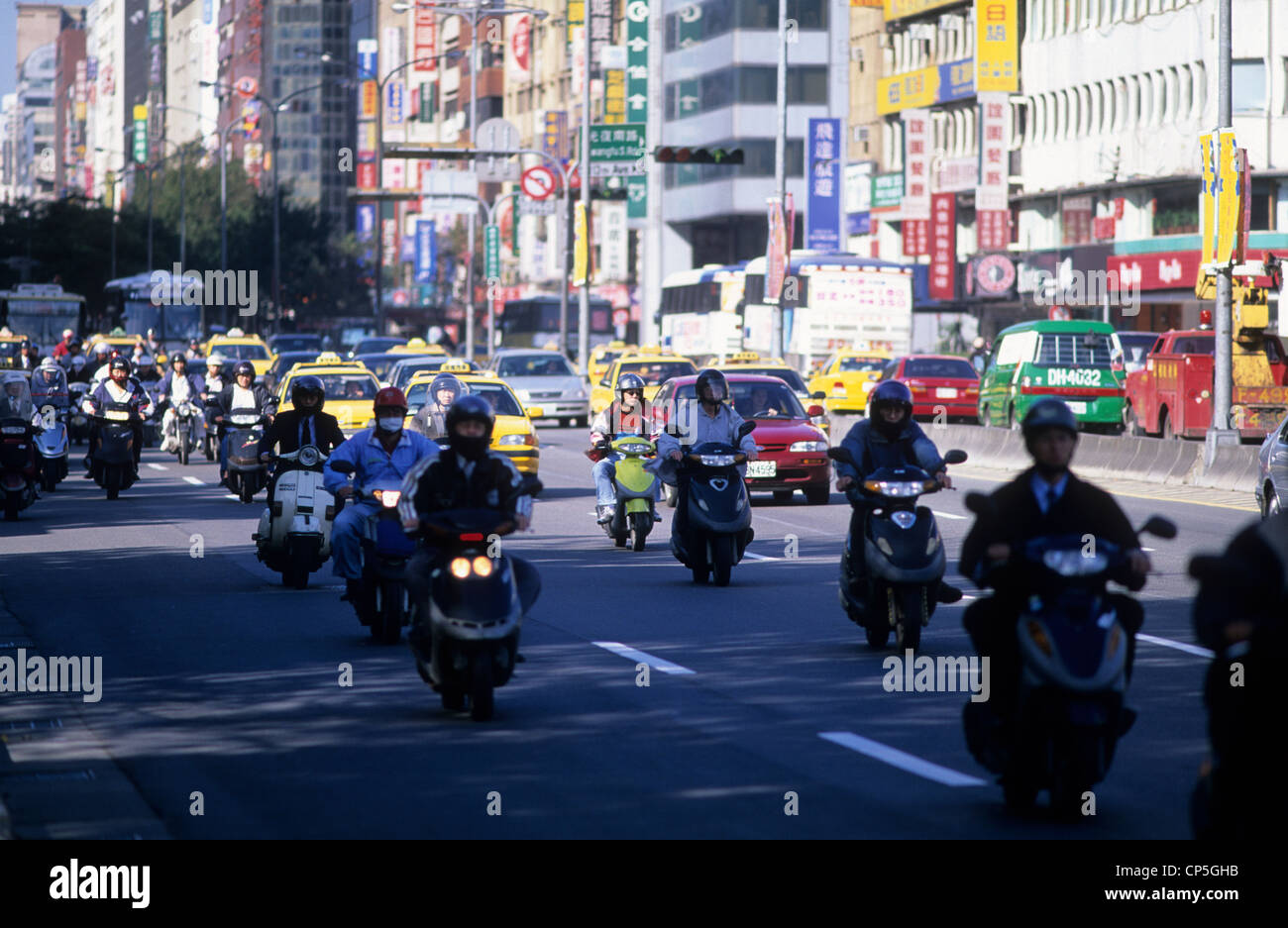 Taiwan, Taipei, traffic, motor scooters are one of the more popular ...