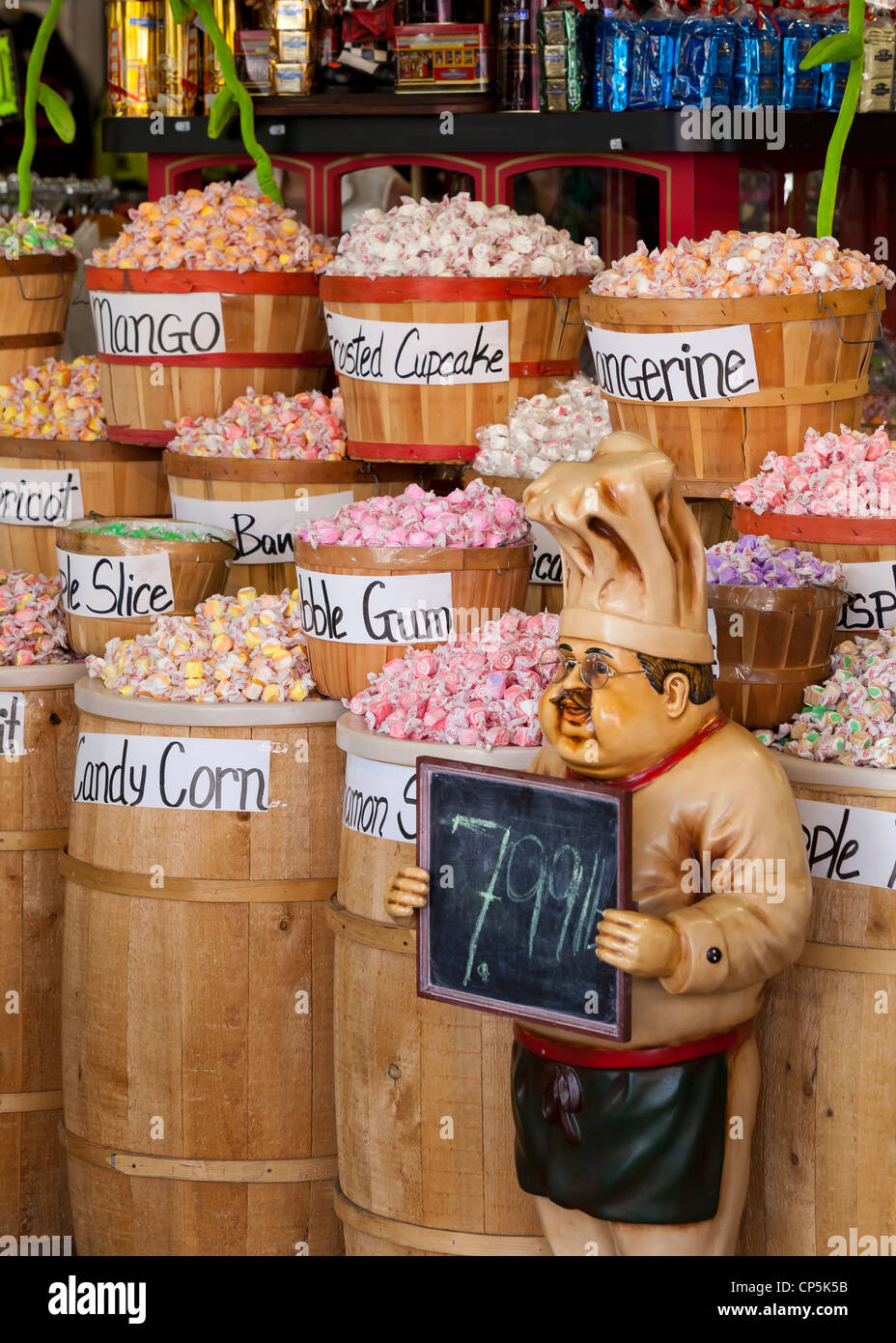 Many flavors of salt water taffy on display in candy store Stock Photo ...