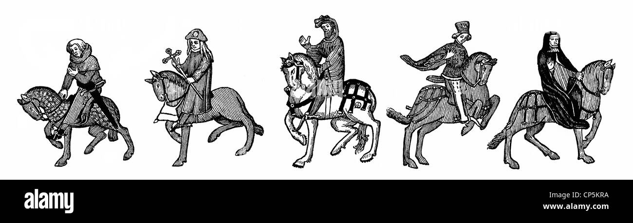 figures on horseback, Ellesmere Manuscript, 15th century, from Geoffrey ...