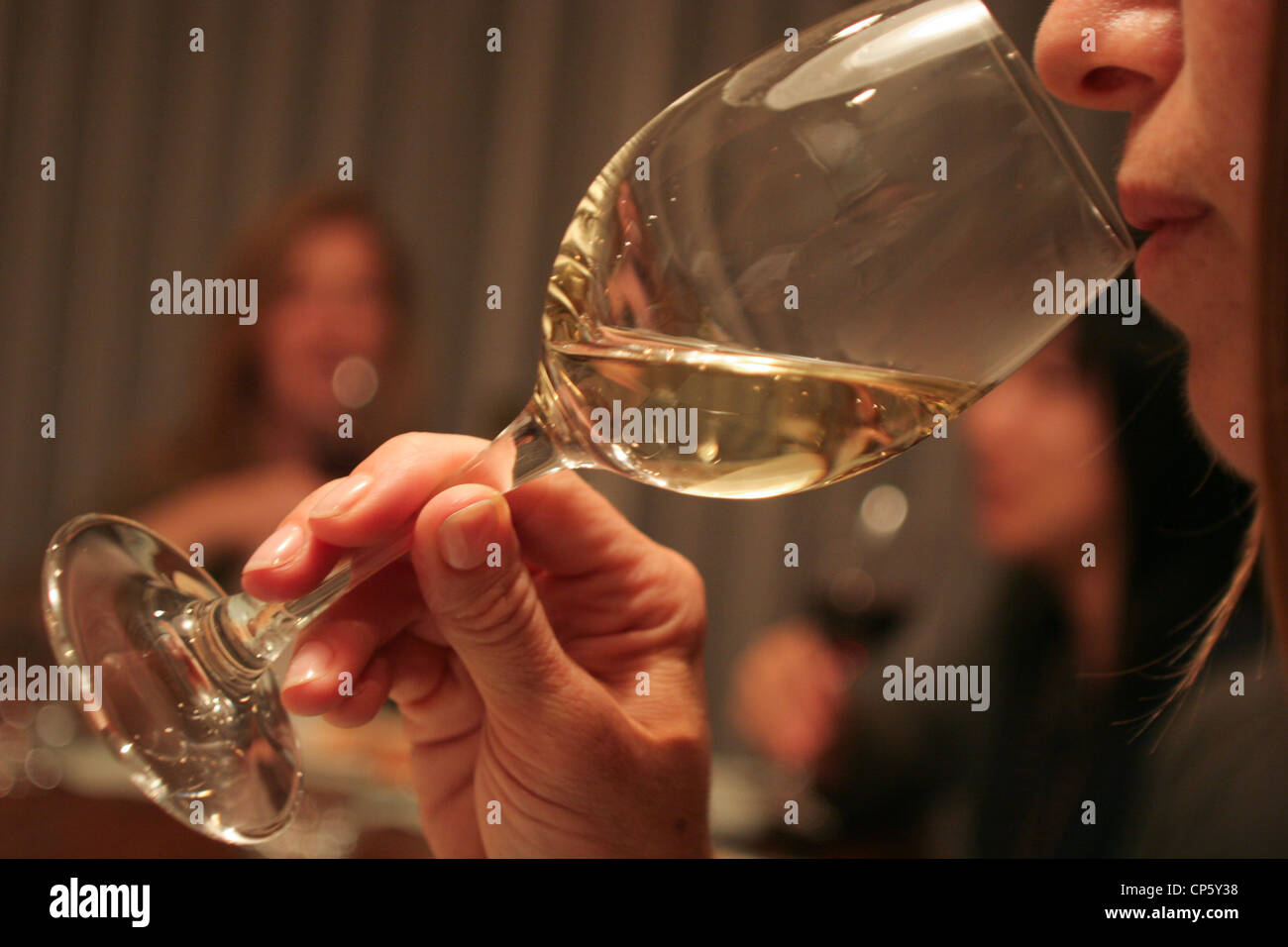 Drinking wine from wine glass, at home, with friends. Socializing ...