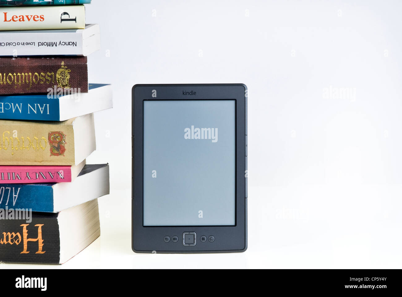 Kindle e-reader with a large pile of books Stock Photo - Alamy