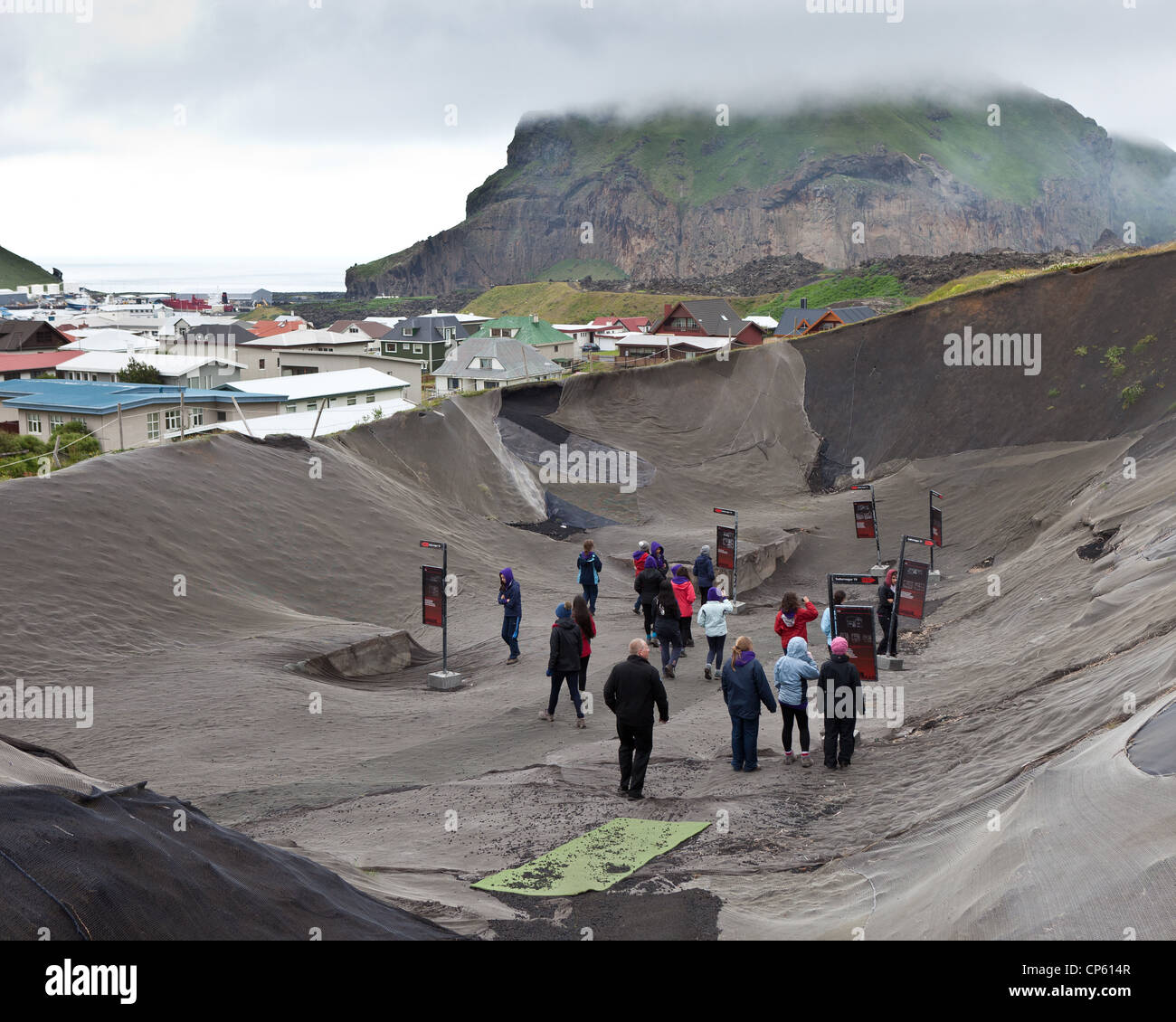 Students touring Eldfell Volcano, Heimaey, Westman Islands, Iceland ...