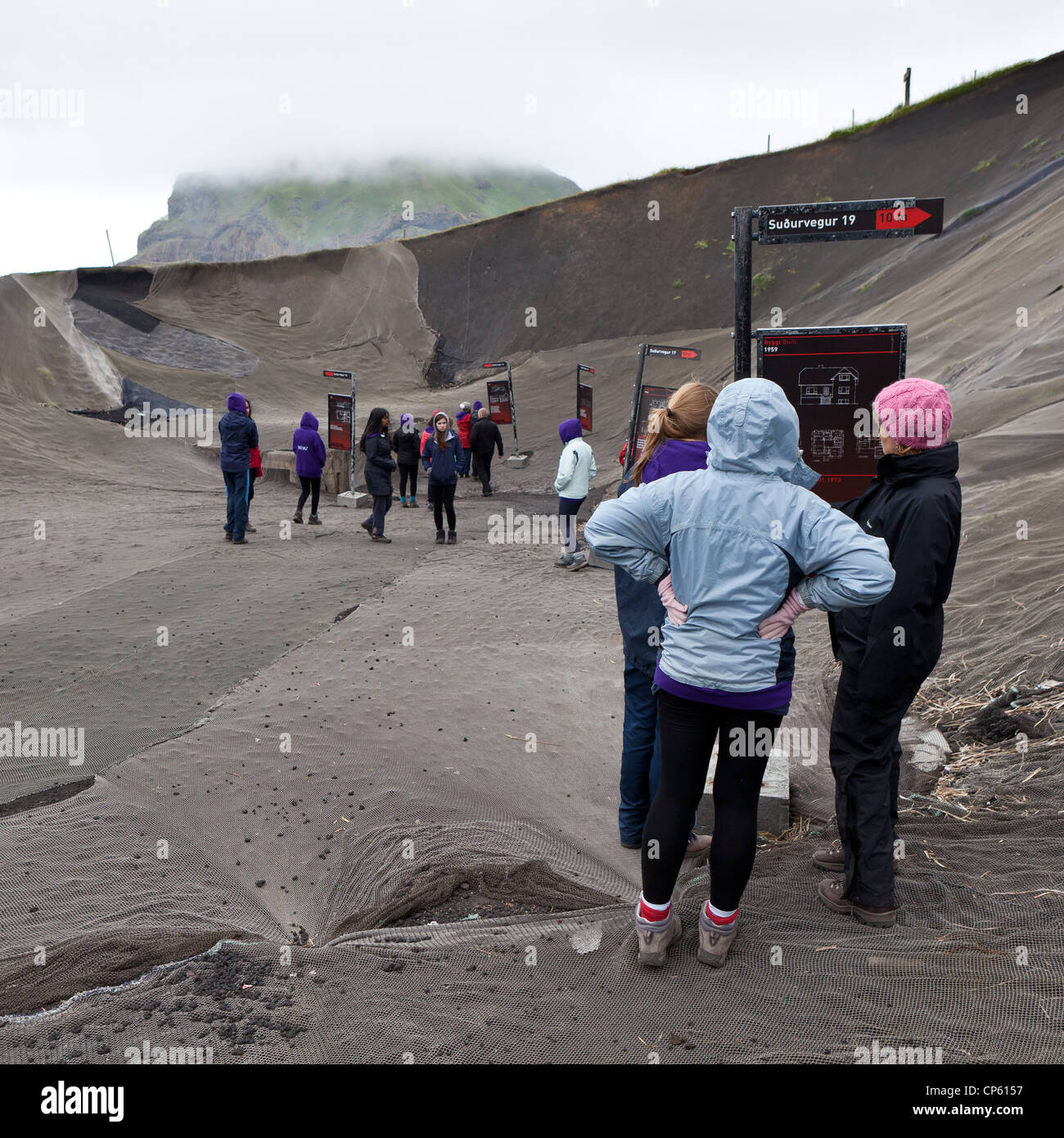 Students touring Eldfell Volcano, Heimaey, Westman Islands, Iceland ...